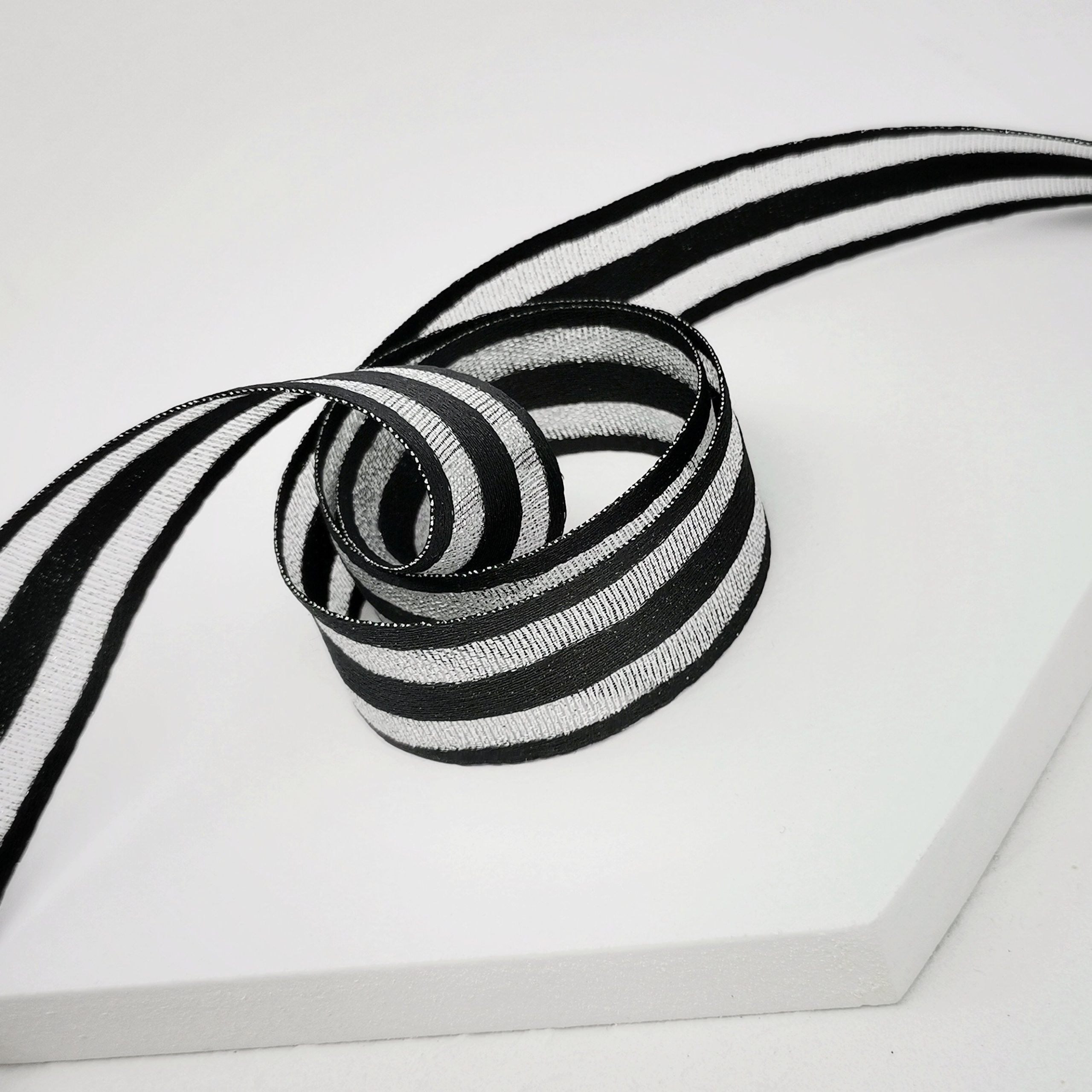 Black Silver Striped Ribbon 25mm × 5m | MoshiMoshi UK